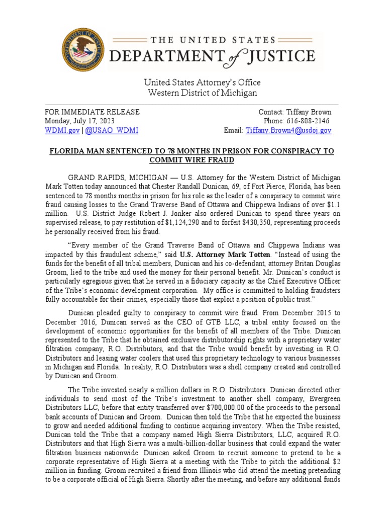 Florida Man Sentenced for Wire Fraud | PDF | Fraud | Crimes