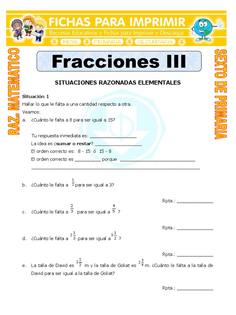 Fracciones Para 6to Grado ACTIVIDADES DE FRACCIONES. Para Alumnos De