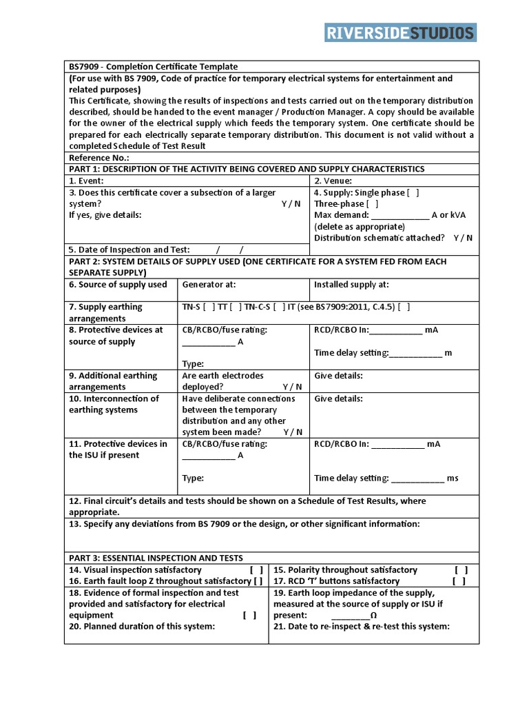 BS7909 - Sign Off Templates | PDF | Power Engineering | Electrical ...