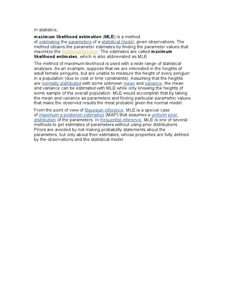 Estimating Parameters Statistical Model: Maximum Likelihood Estimation (MLE) Is A Method | PDF ...