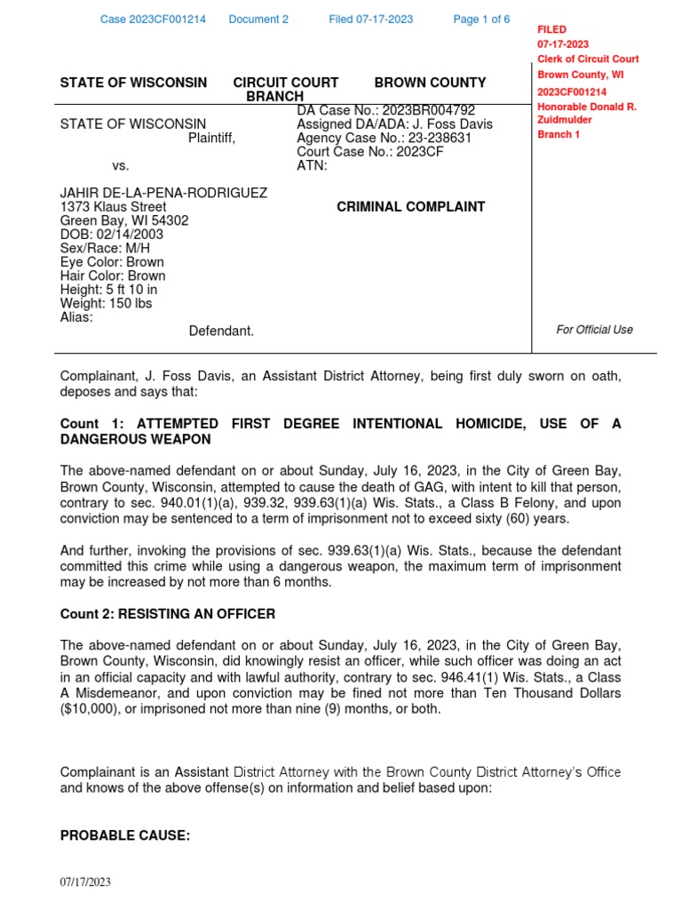 De La Pena-Rodriguez Criminal Complaint | PDF | Wisconsin Circuit ...