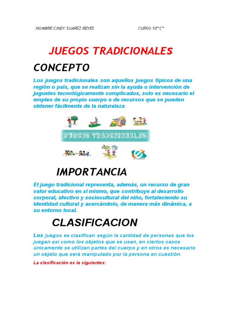 Definición y Clasificación de Juegos Tradicionales | PDF | Juegos y ...