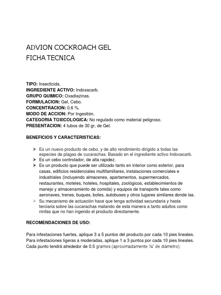 Advion Cockroach Gel Ficha Tecnica | PDF | Residuos | Agua