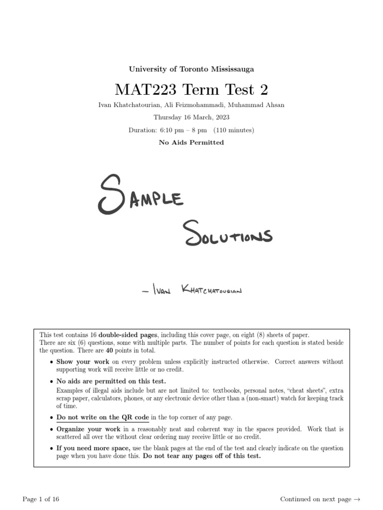 MAT223 Term Test 2 Solutions | PDF | Eigenvalues And Eigenvectors ...