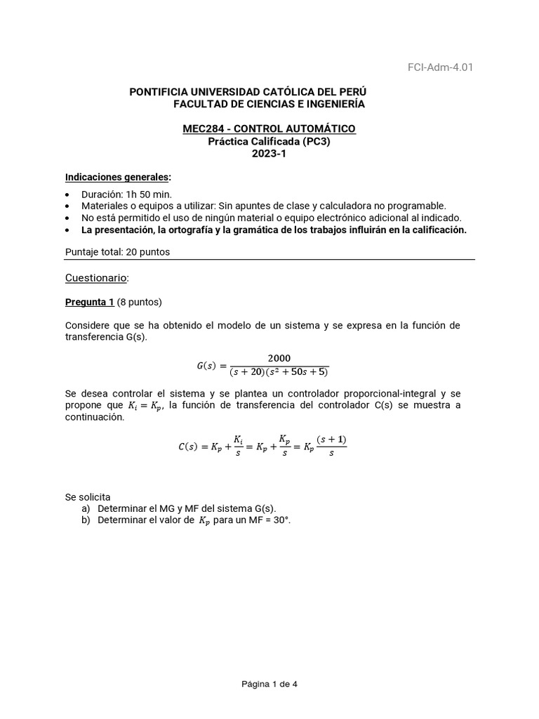 Pontificia Universidad Católica Del Perú Facultad de Ciencias E Ingeniería Mec284 - Control ...