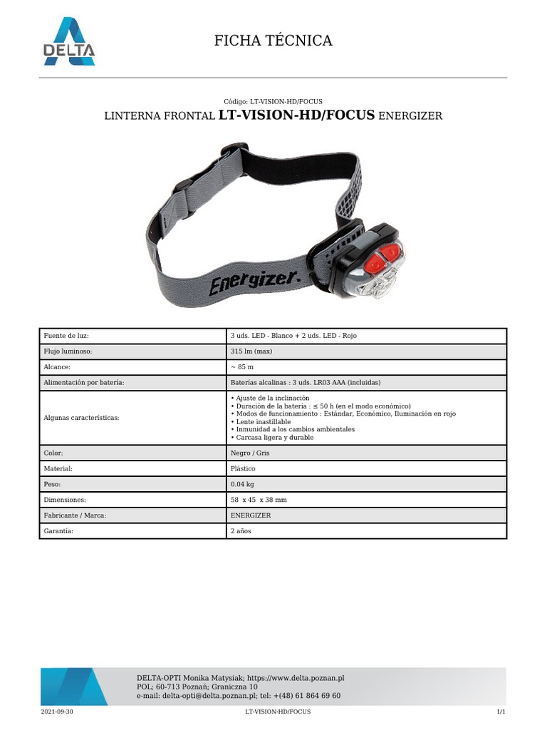 Linterna Frontal Energizer: Especificaciones | PDF