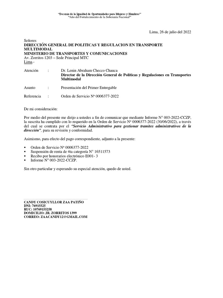 Carta de Presentación MTC | PDF