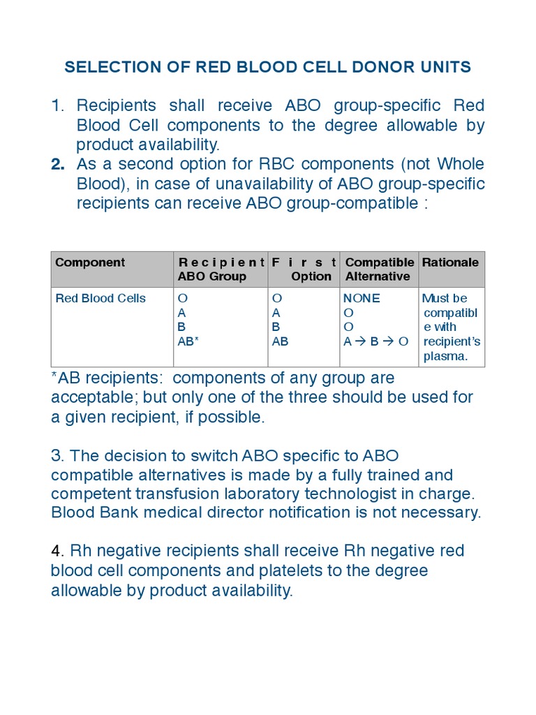 Red Blood Cell Donor Units First and Second Options | PDF