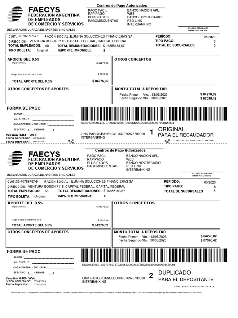 Ilu- Boleta Faecys 05.2023 | PDF | Bancos | Bancario