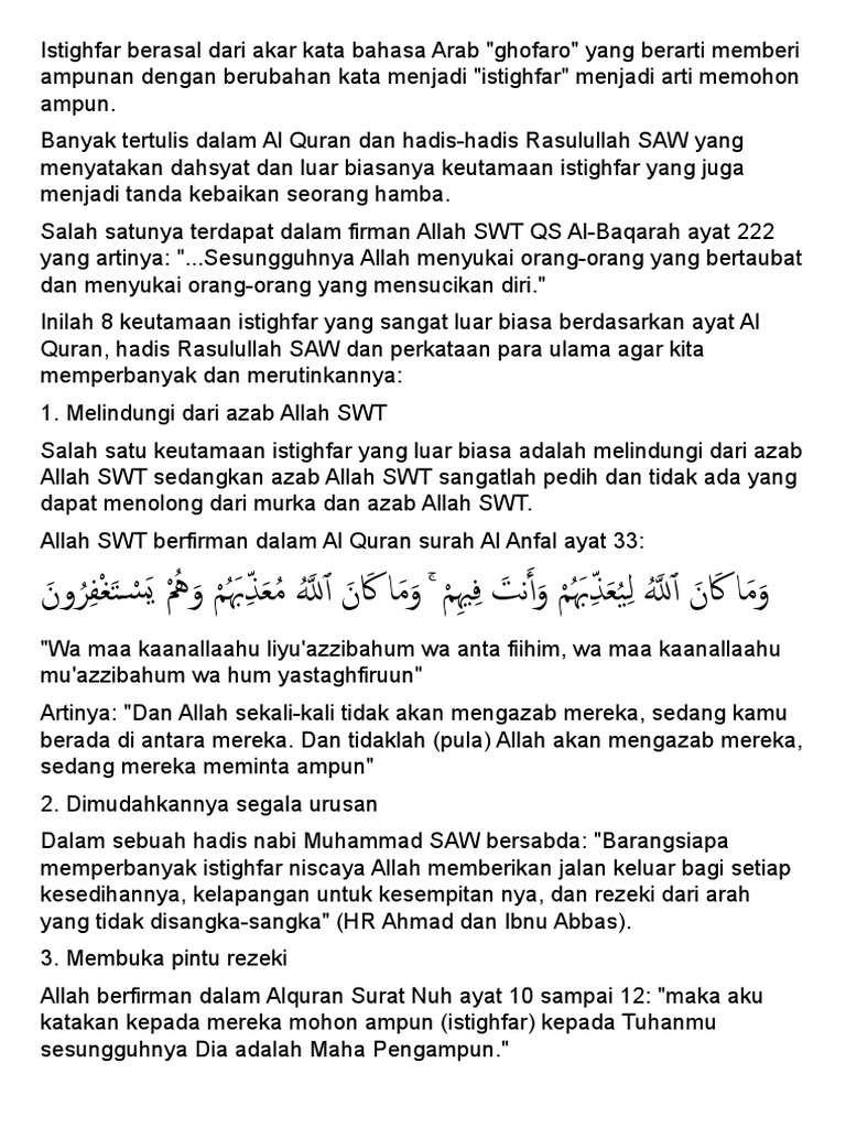 Keutamaan dan Manfaat Istighfar | PDF