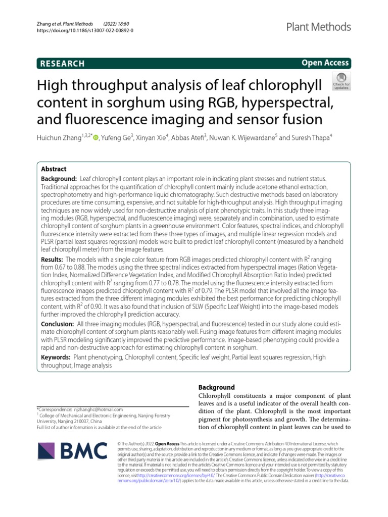 High Throughput Analysis of Leaf Chlorophyll Content in Sorghum Using RGB, Hyperspectral, and ...
