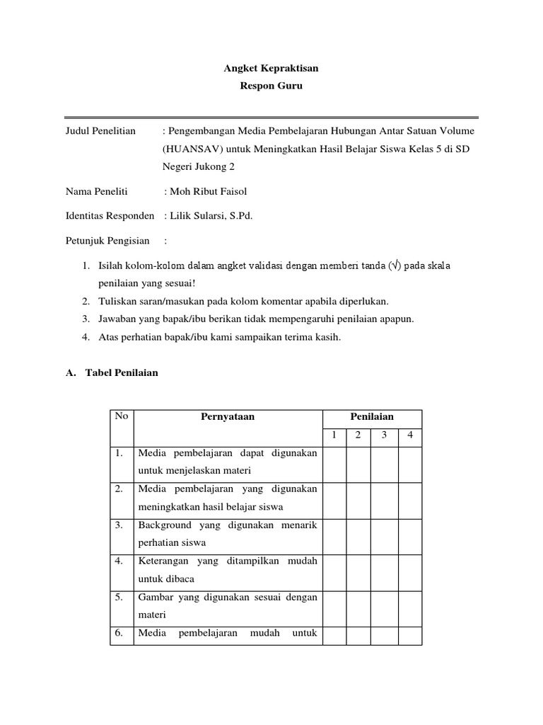 Angket Kepraktisan Guru | PDF