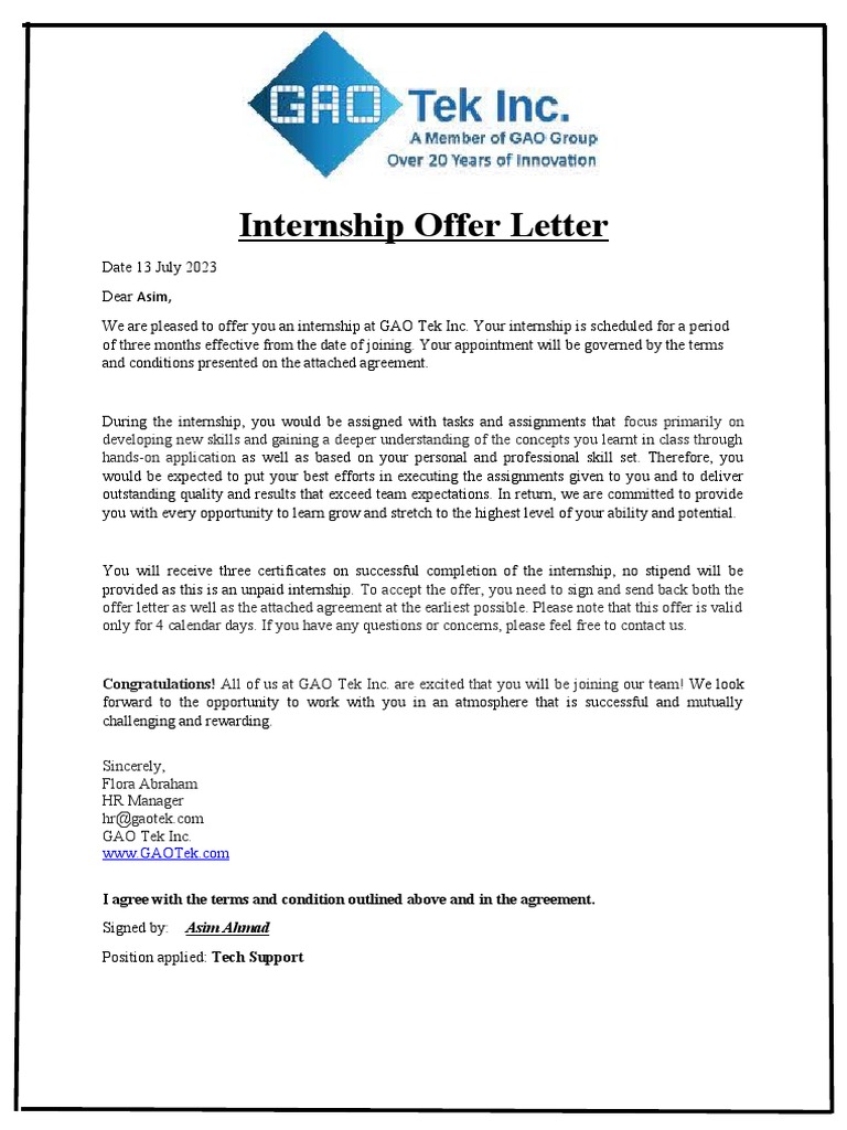 Internship Offer Letter | PDF
