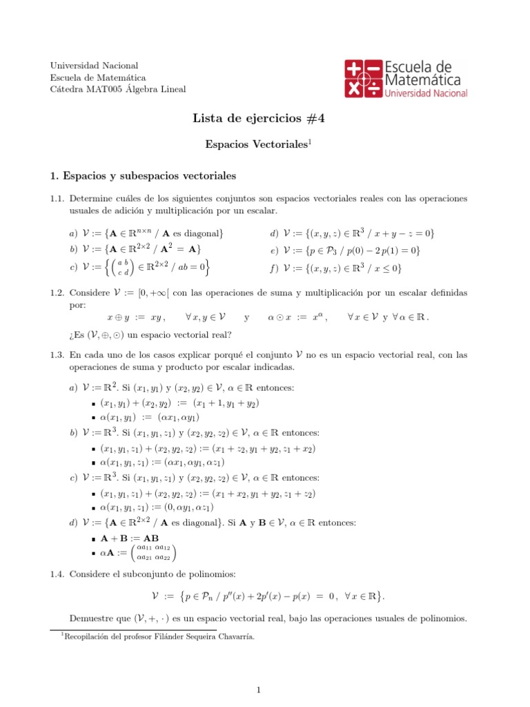 Ejercicios4 Espaciosvectoriales Pdf Espacio Vectorial Ortogonalidad