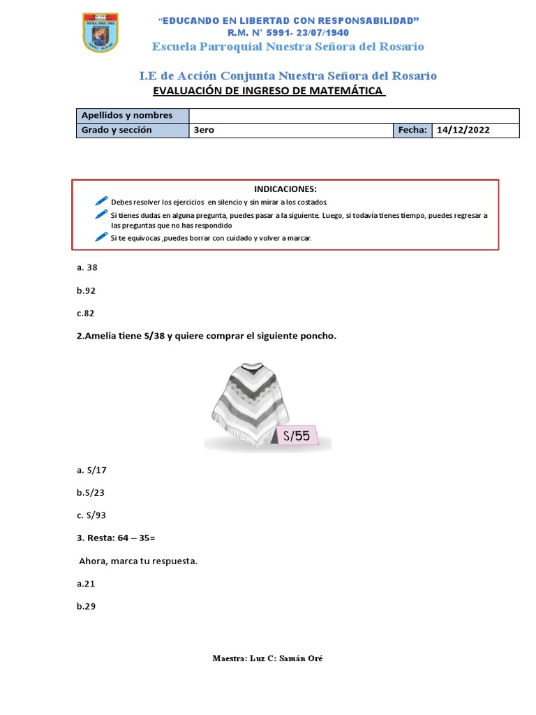 Evaluacion de Ingreso de Matemática 3ero | PDF