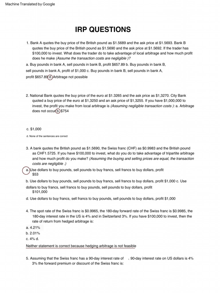 CÂU HỎI TRẮC NGHIỆM IRP 1 | Download Free PDF | Interest | Arbitrage