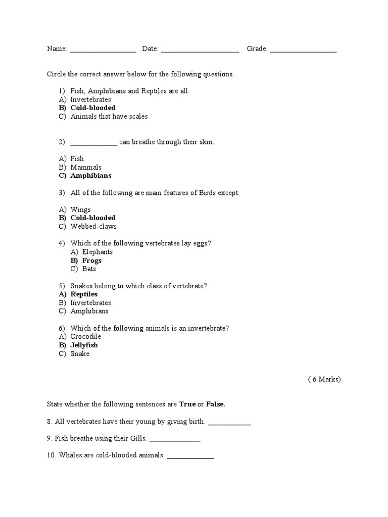 Science Quiz On Vertebrates and Invertebrates | PDF
