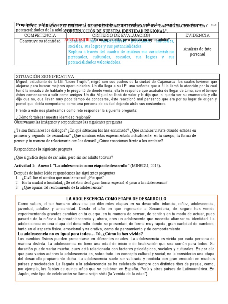 Sesion 1 Eda 3 Área de DPCC Ficha | PDF | Adolescencia | Infancia