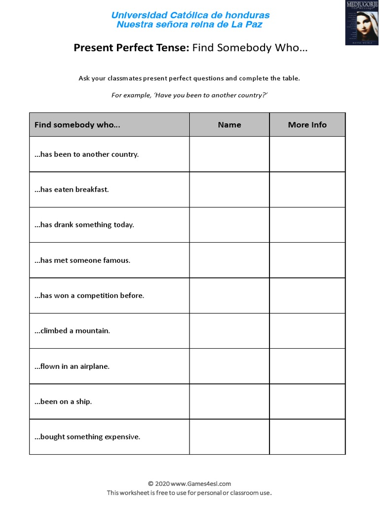 Present Perfect Worksheet Find Somebody Who | PDF