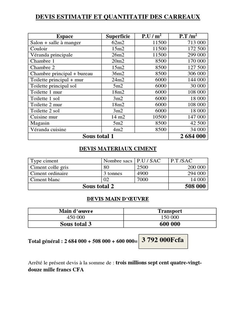 Devis Estimatif Et Quantitatif Des Carreaux | PDF
