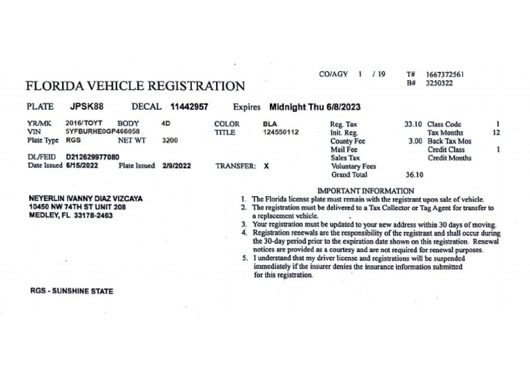 Florida Vehicle Registration | PDF