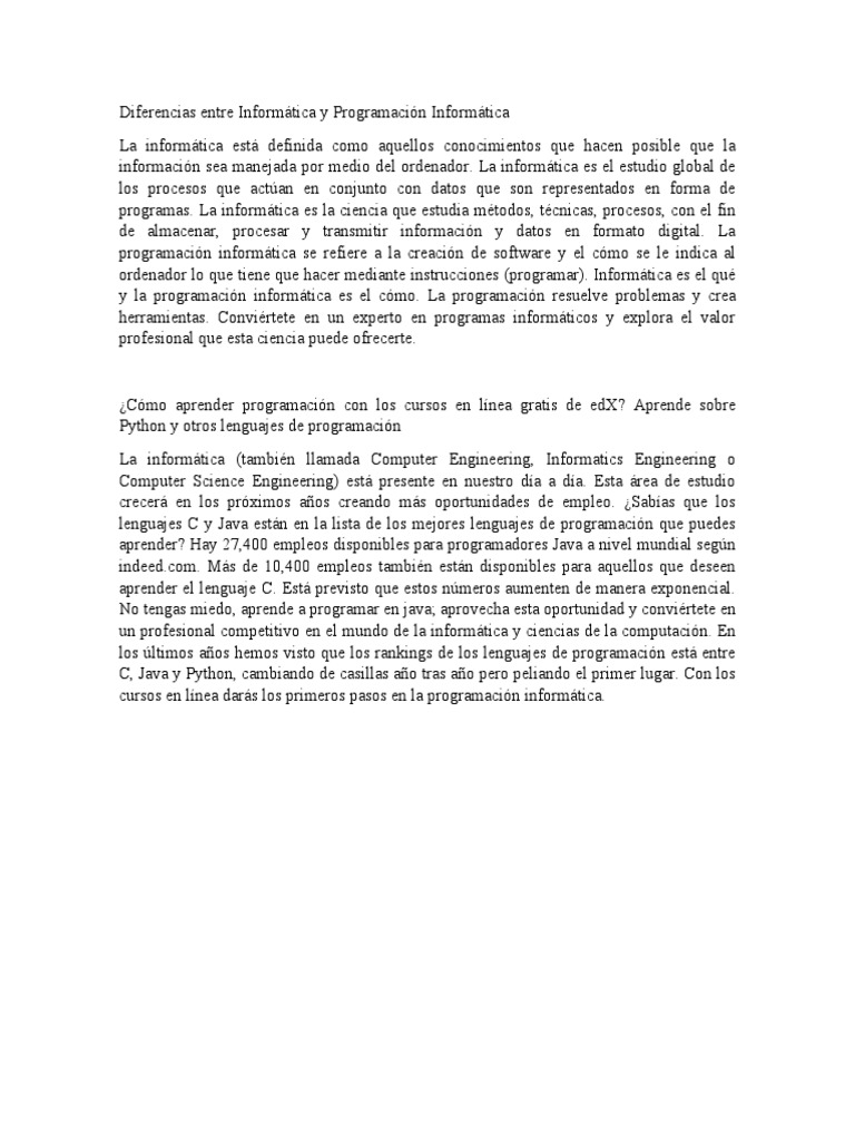 Diferencias Entre Informática y Programación Informática | PDF