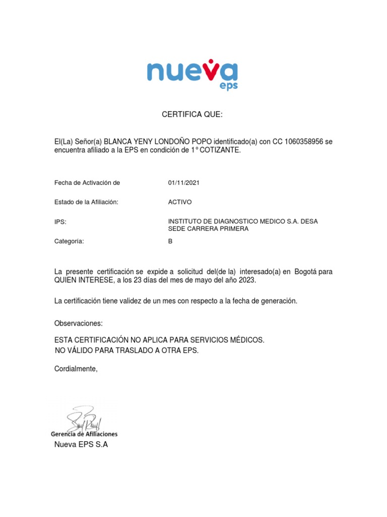 Certificado Nueva Eps | PDF