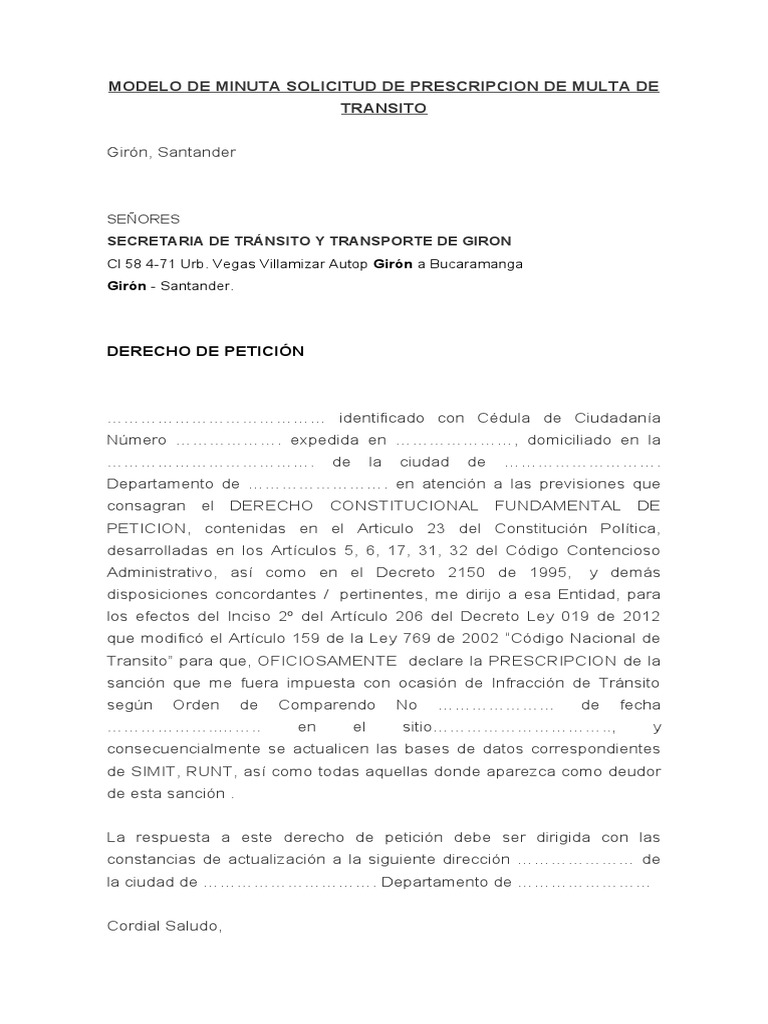 Modelo de Prescripcion de Multa de Transito | PDF