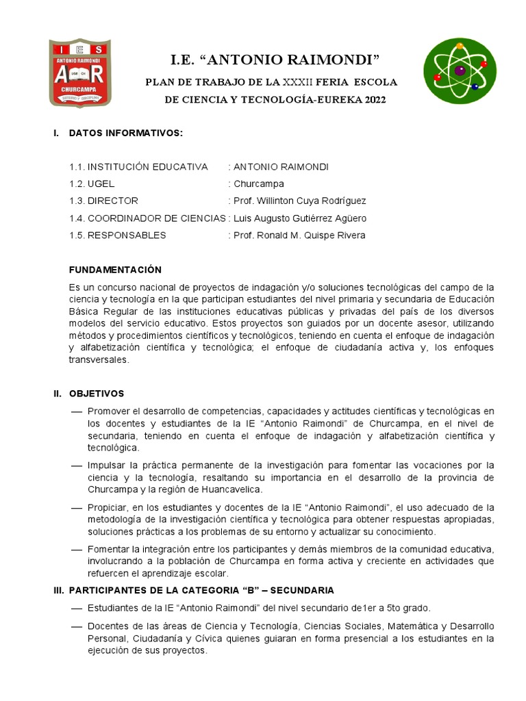 Plan de Trabajo FENCyT EUREKA 2022 | PDF | Hipótesis | Investigación ...