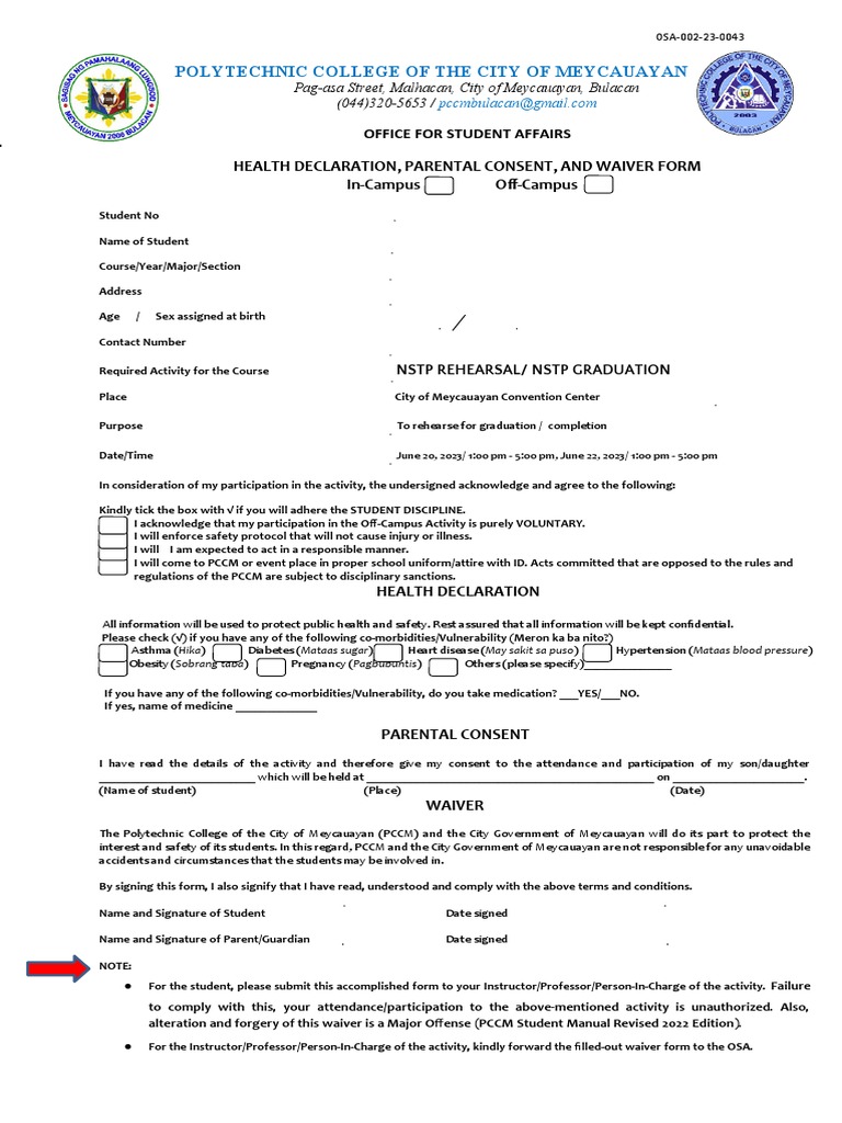 Waiver For NSTP Rehearsal and Graduation On June 20 and 22 2023 at MCC ...