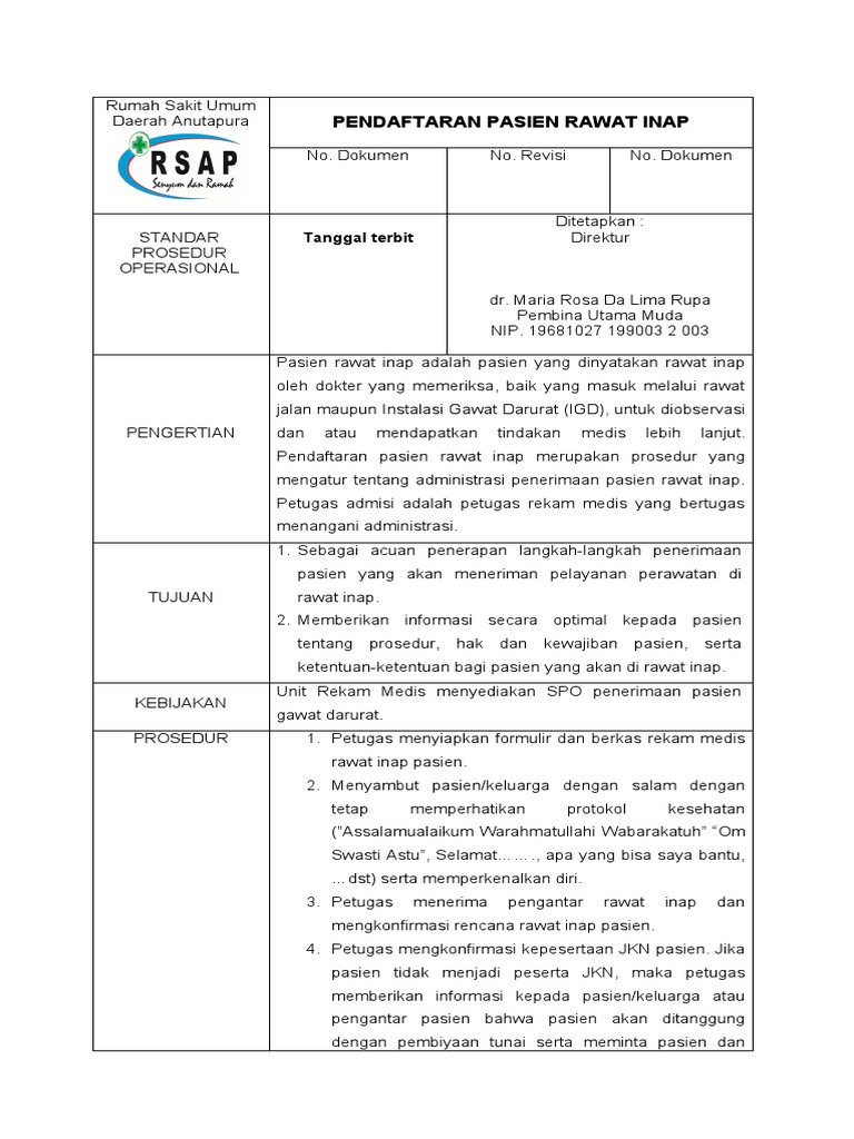0.1.B Sop Penerimaan Pasien Rawat Inap | PDF