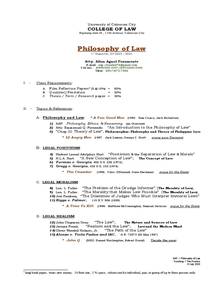 Philo of Law Course Outline 07122023 | PDF | Jurisprudence | Justice Philo of Law Course Outline 07122023 | PDF | Jurisprudence | Justice