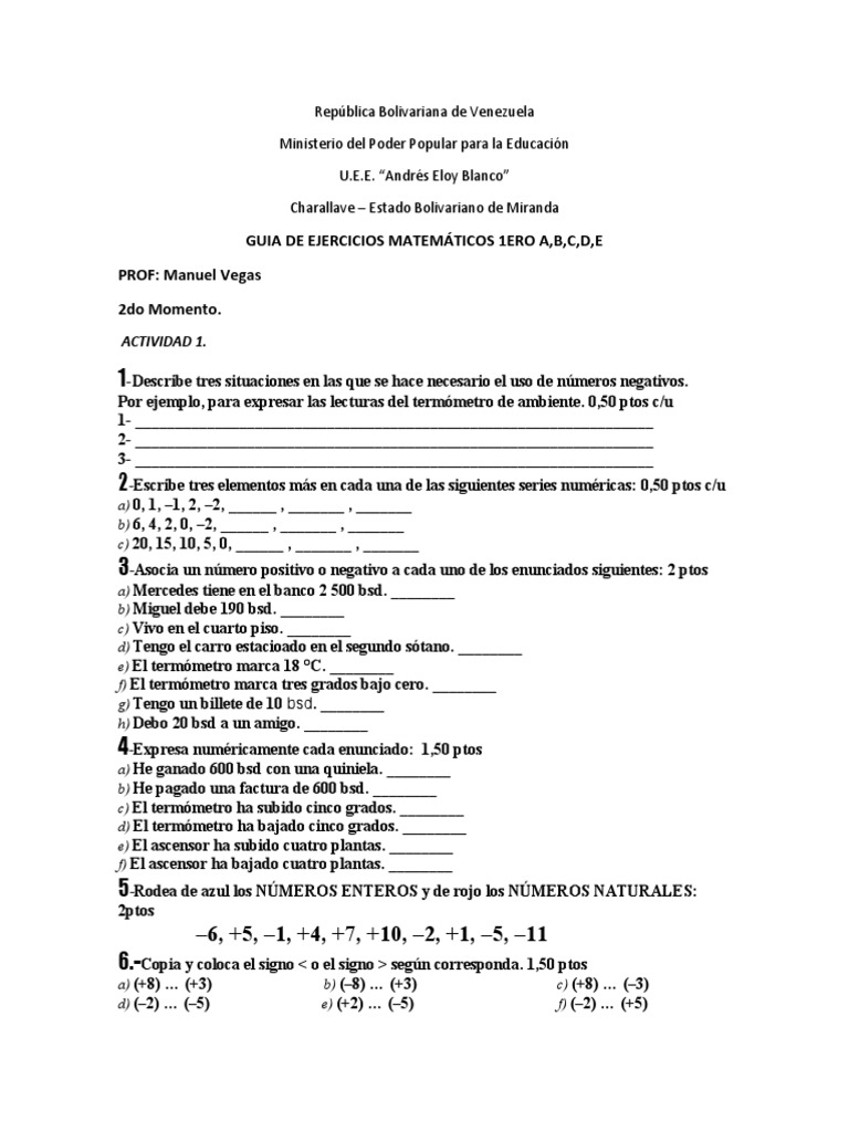 Guia de Ejercicios de Numeros Enteros | PDF