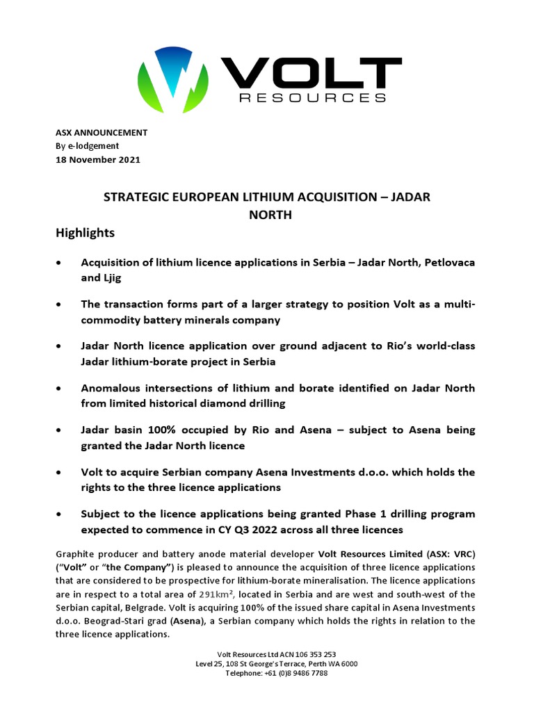 000 Strategic European Lithium Acquisition - Jadar North | PDF ...