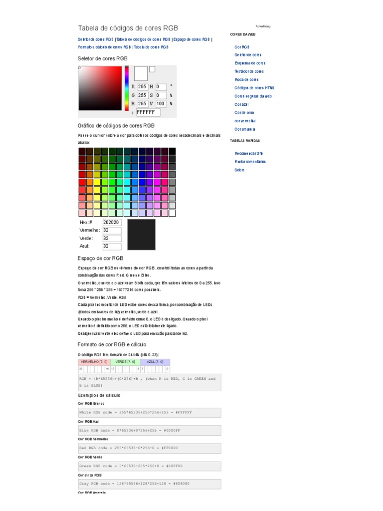 Tabela de Códigos de Cores RGB | PDF | Modelo de cores RGB | Cor