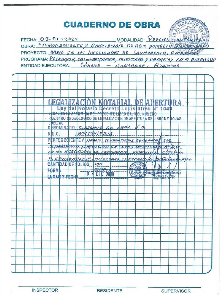 Modelo de Llenado de Cuaderno de Obra (Enero - 2020) | PDF