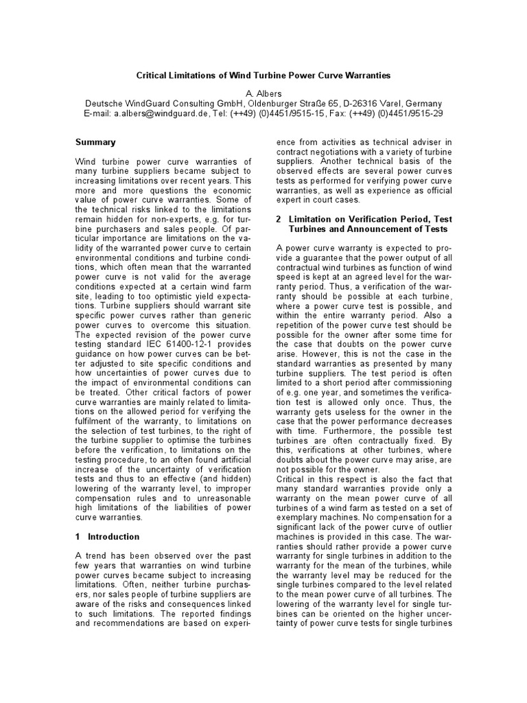 Critical Limitations of Wind Turbine Power Curve Warranties | PDF ...
