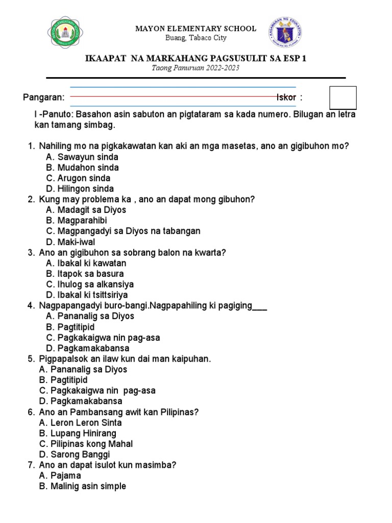 Ikaapat Na Markahang Pagsusulit in Esp | PDF