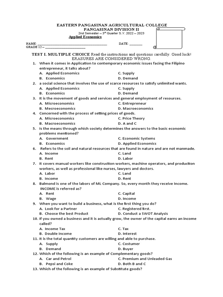 Applied Economics Test for Grade 12 | PDF | Demand | Supply (Economics)