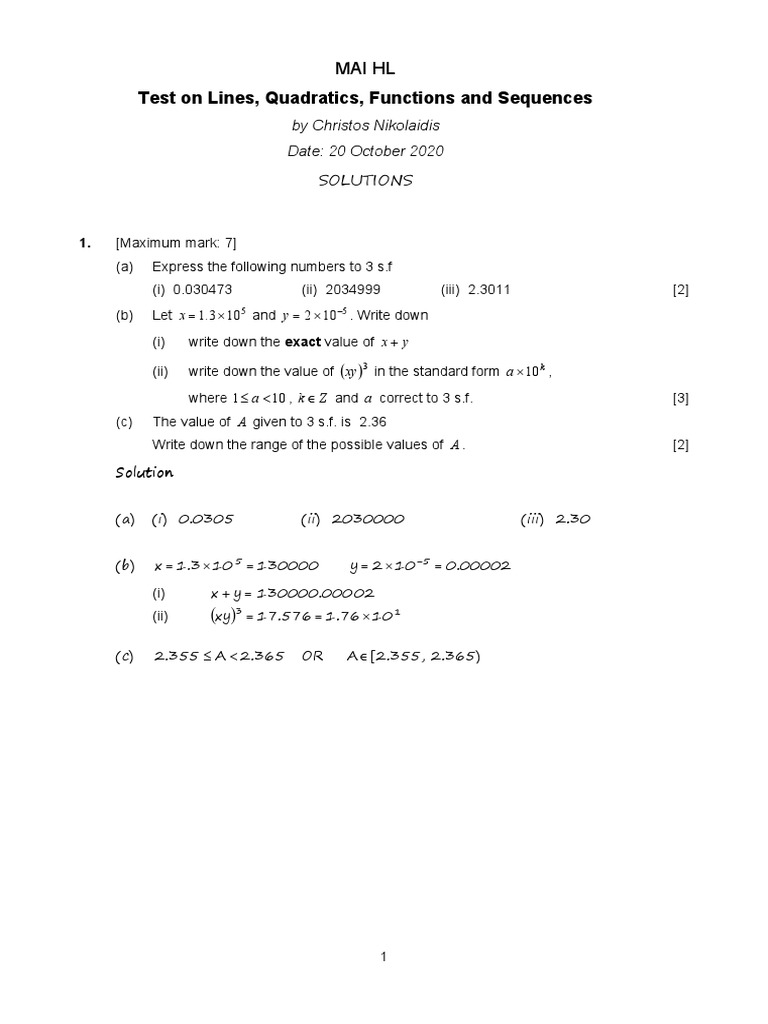 TEST 1 Lines, Quadratics, Functions, Sequences - SOLUTIONS | PDF ...