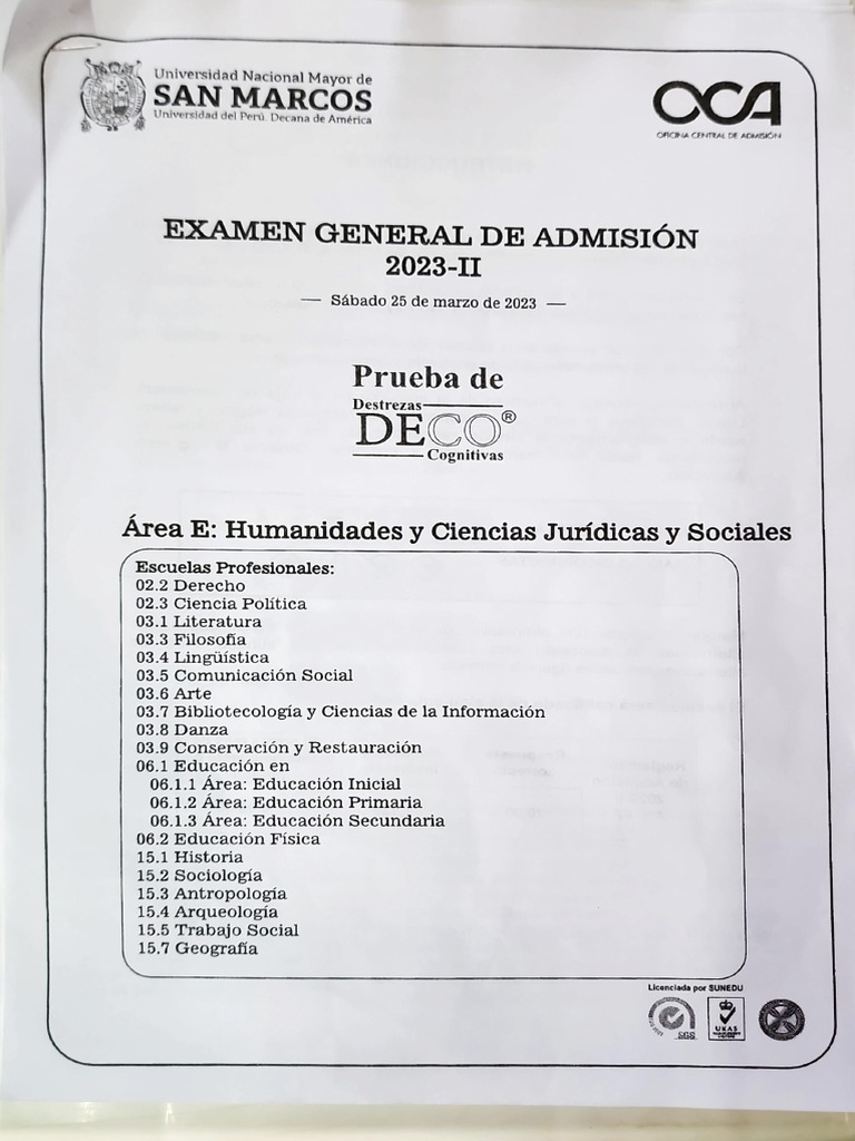 Examen de Admisión 2023-II ÁREA E | PDF