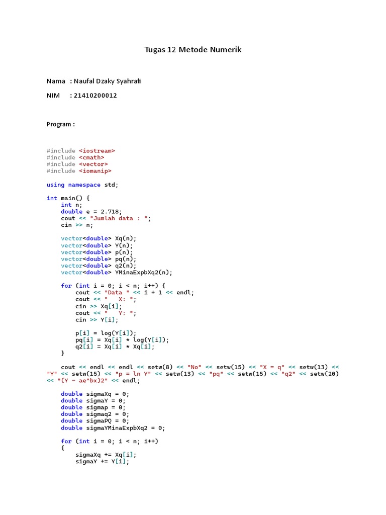 Tugas 12 Metode Numerik - Naufal Dzaky Syahrafi | PDF | Computer Programming | C++
