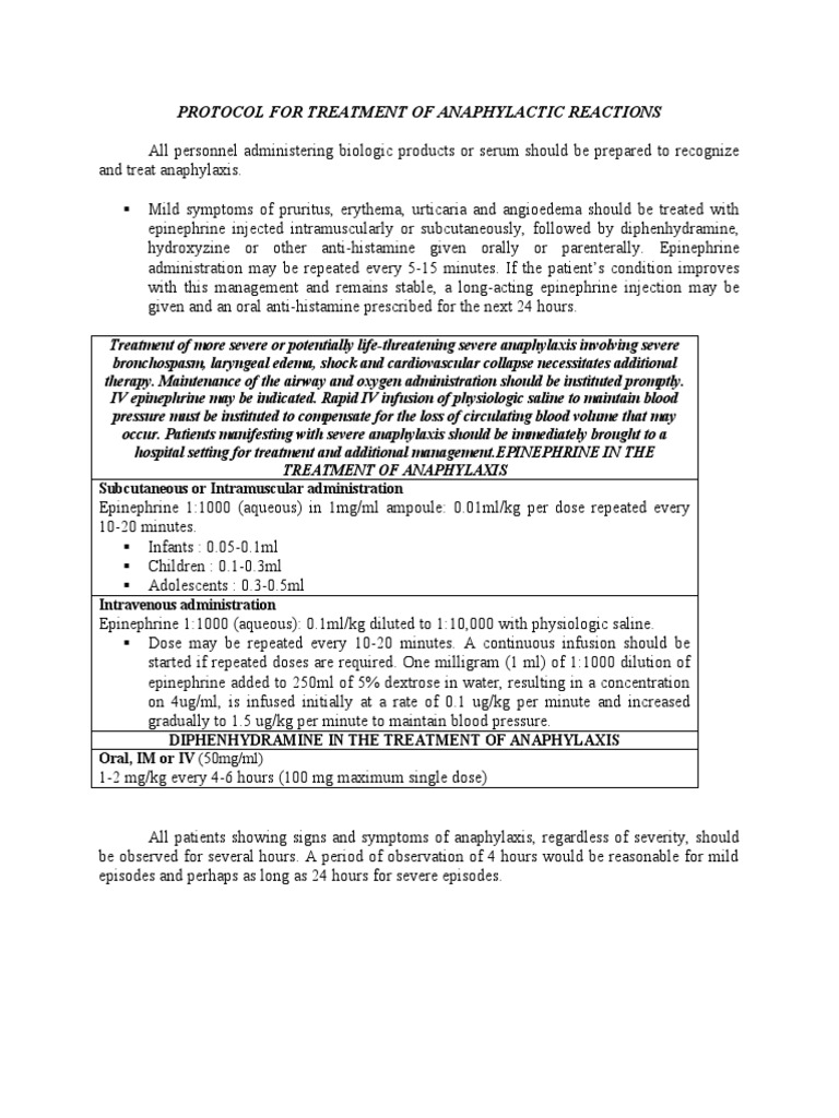 Protocol For Treatment of Anaphylactic Reactions | PDF | Intravenous ...
