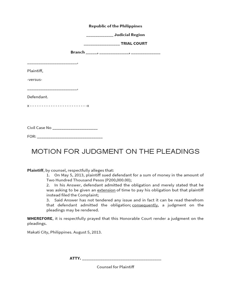 Motion For Judgment On The Pleadings | PDF