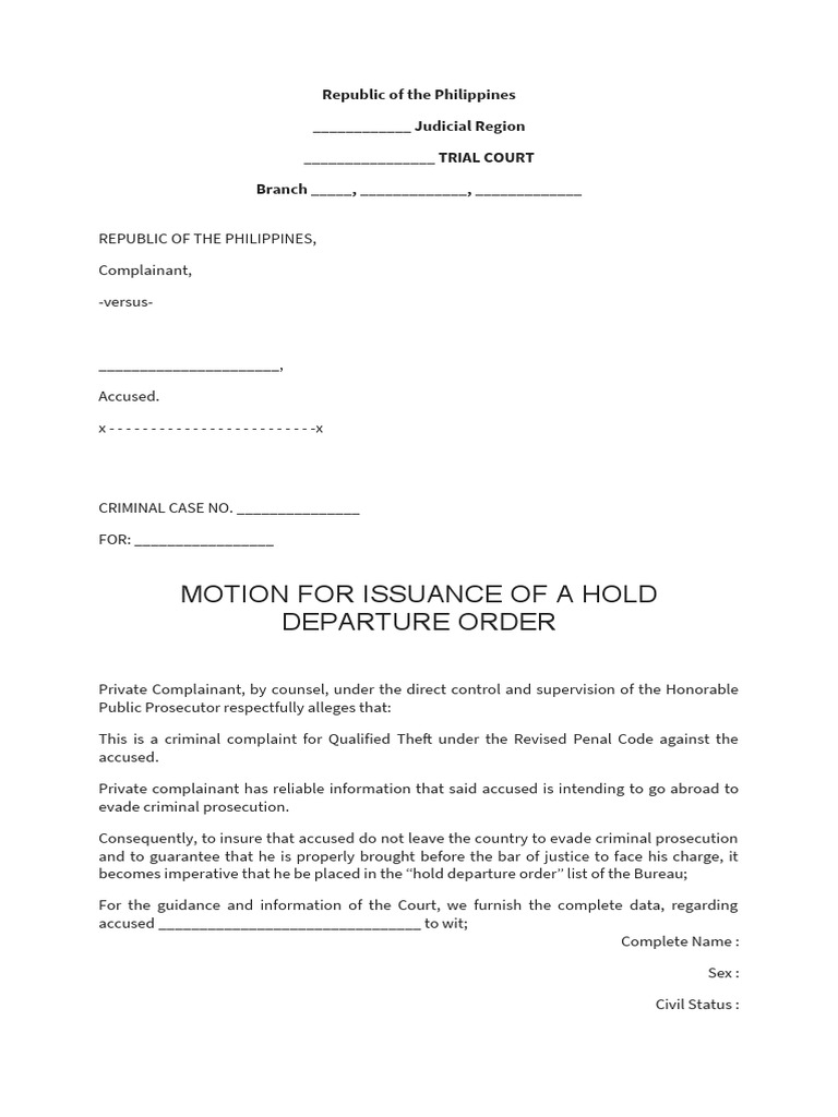 Motion For Issuance of A Hold Departure Order | PDF | Prosecutor | Political Law