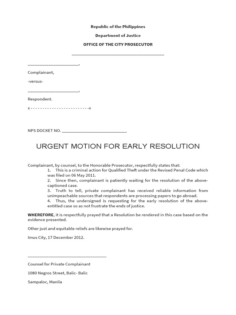 Urgent Motion For Early Resolution | PDF