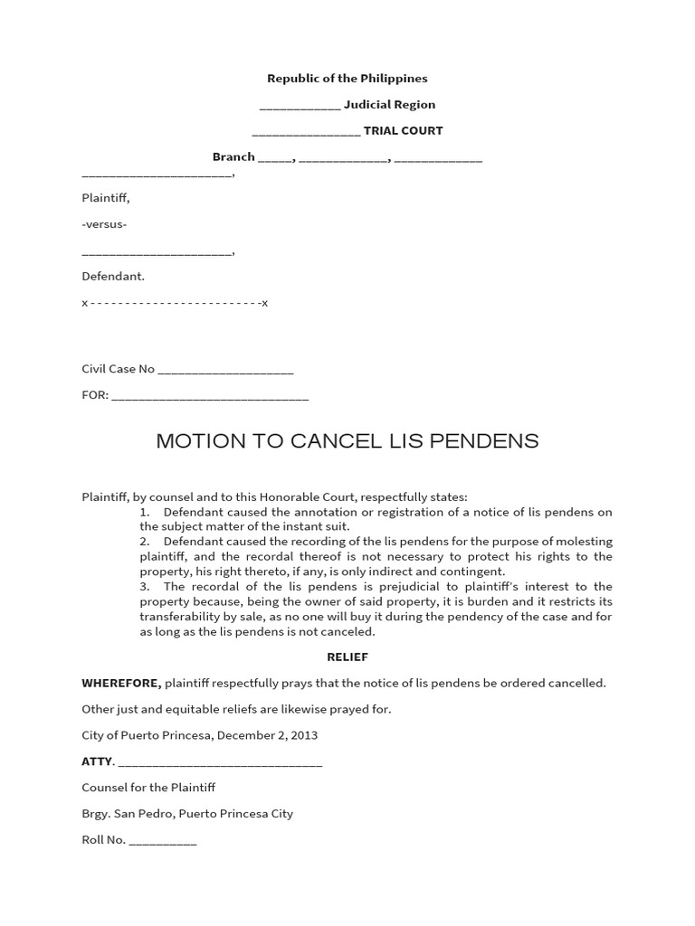 Motion To Cancel Lis Pendens | PDF | Affidavit | Lawsuit