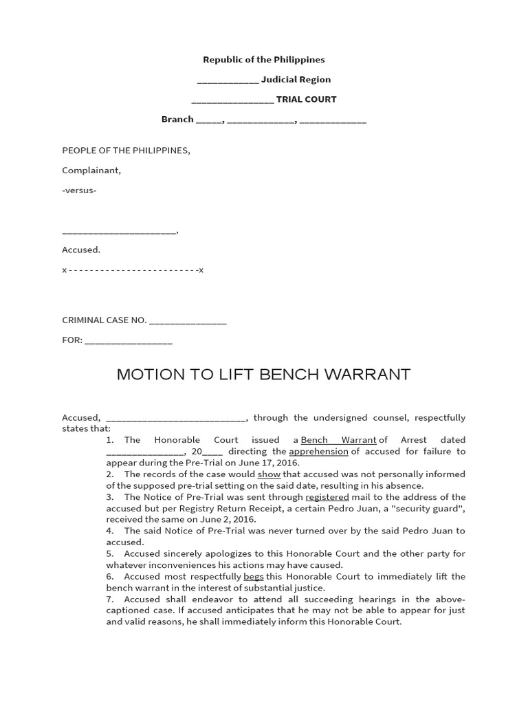 Motion To Lift Bench Warrant | PDF | Prosecutor | Arrest Warrant