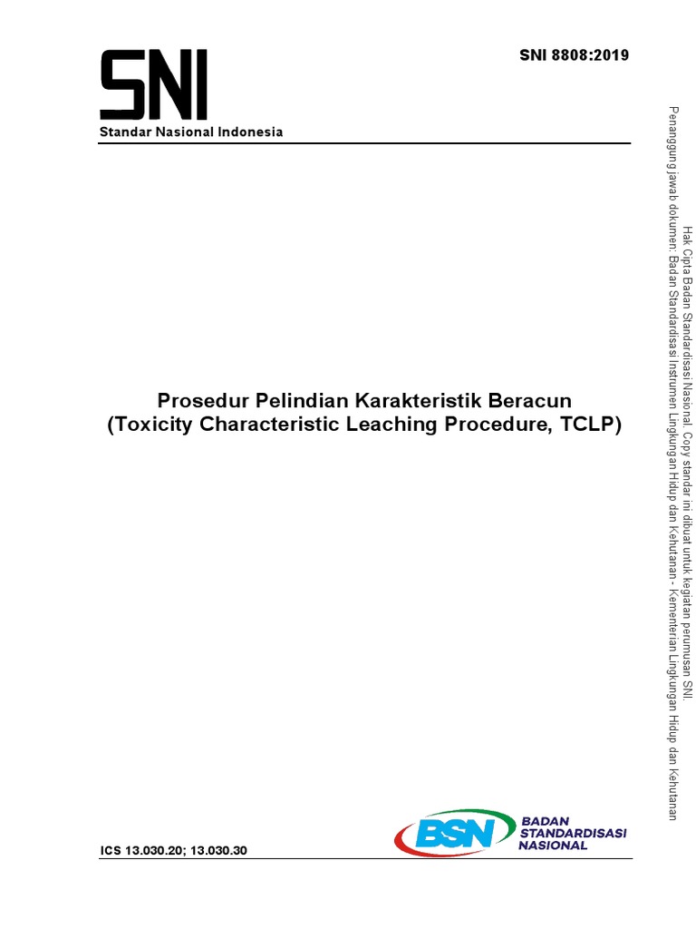 SNI 8808 2019 Prosedur Pelindian Karakteristik Beracun Toxicity Characteristic Leaching ...