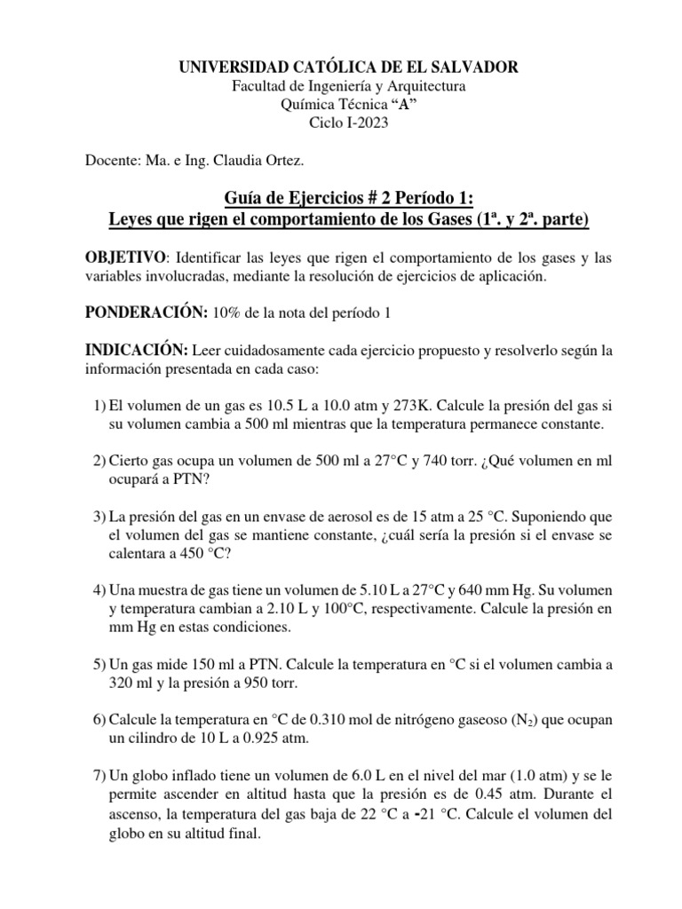 Guía No. 2 Período 1 Qca. Tca. (2023) | PDF | Gases | Mole (Unidad)